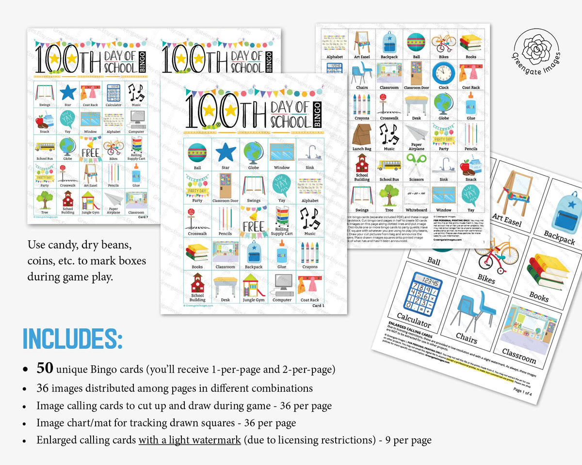 100th Day of School Bingo - Color – Greengate Images