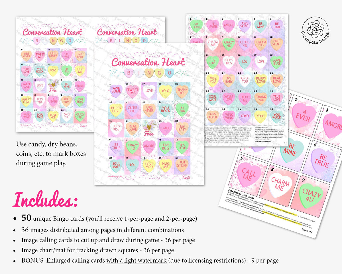 Conversation Heart Bingo - Prefilled – Greengate Images