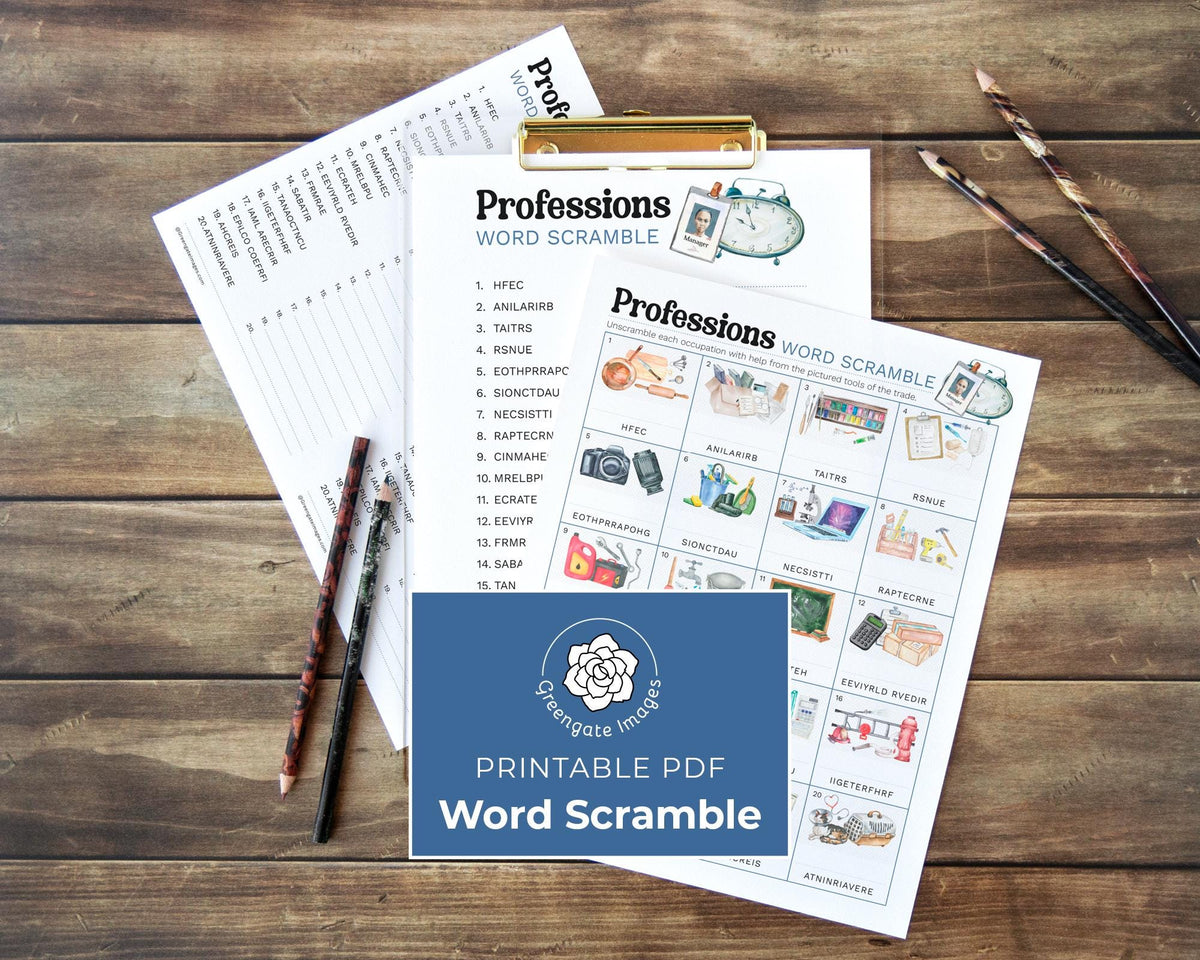 Labor Day (Professions) Word Scramble with Pictures – Greengate Images