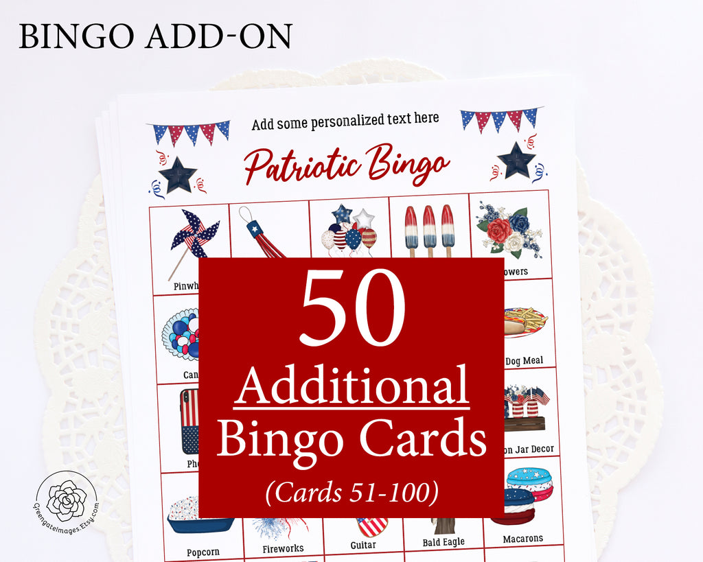 ADD ON 50 Additional Patriotic Bingo Cards numbered 51 100 add-on-50-additional-patriotic-bingo-cards-numbered-51-100