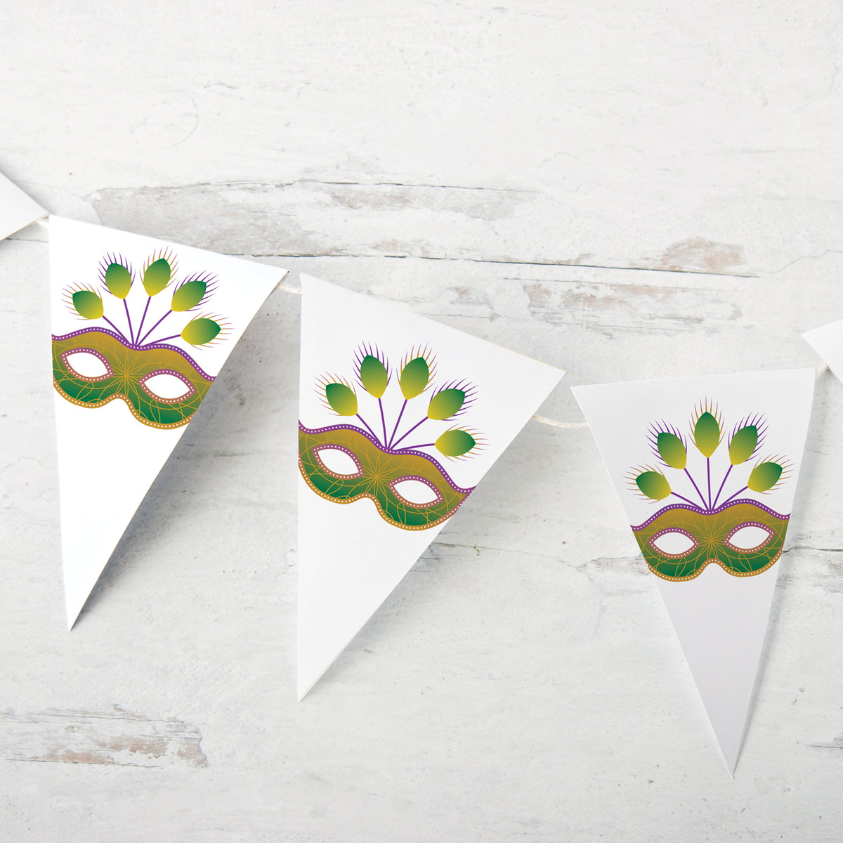 Mardi Gras Bunting - Green Masks on White – Greengate Images
