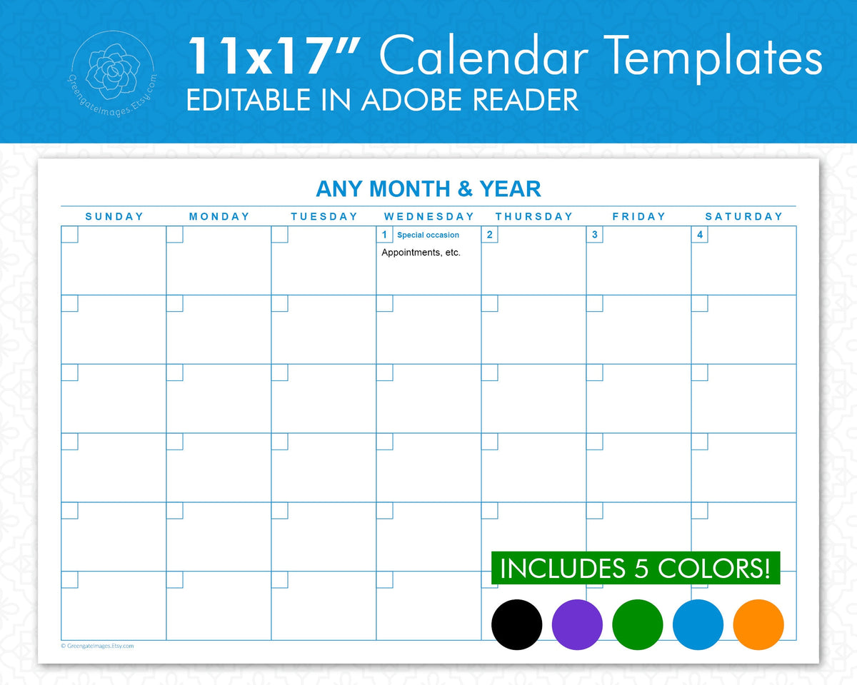 11x17" Editable Calendar Templates - 5 Colors – Greengate Images