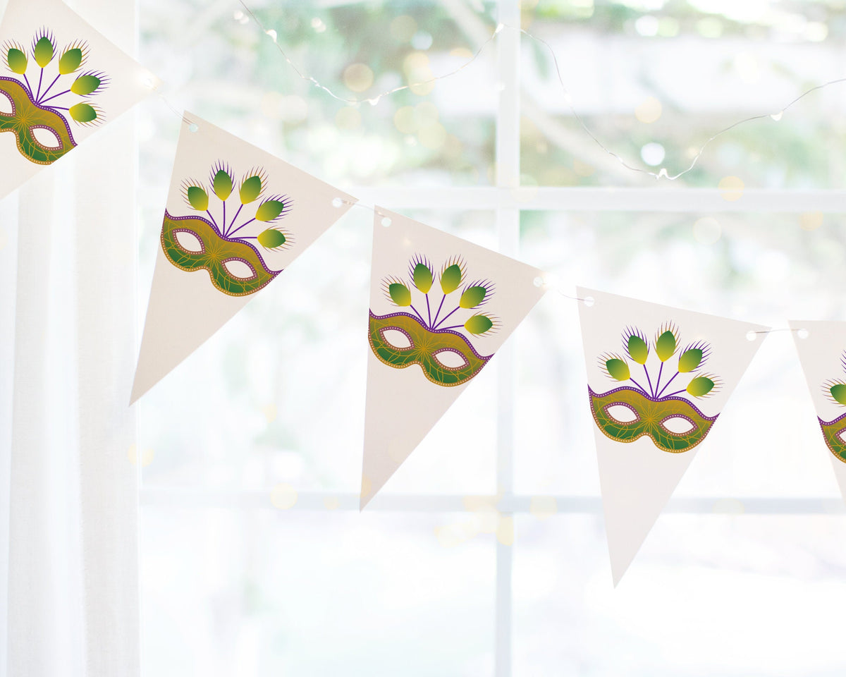 Mardi Gras Bunting - Green Masks on White – Greengate Images
