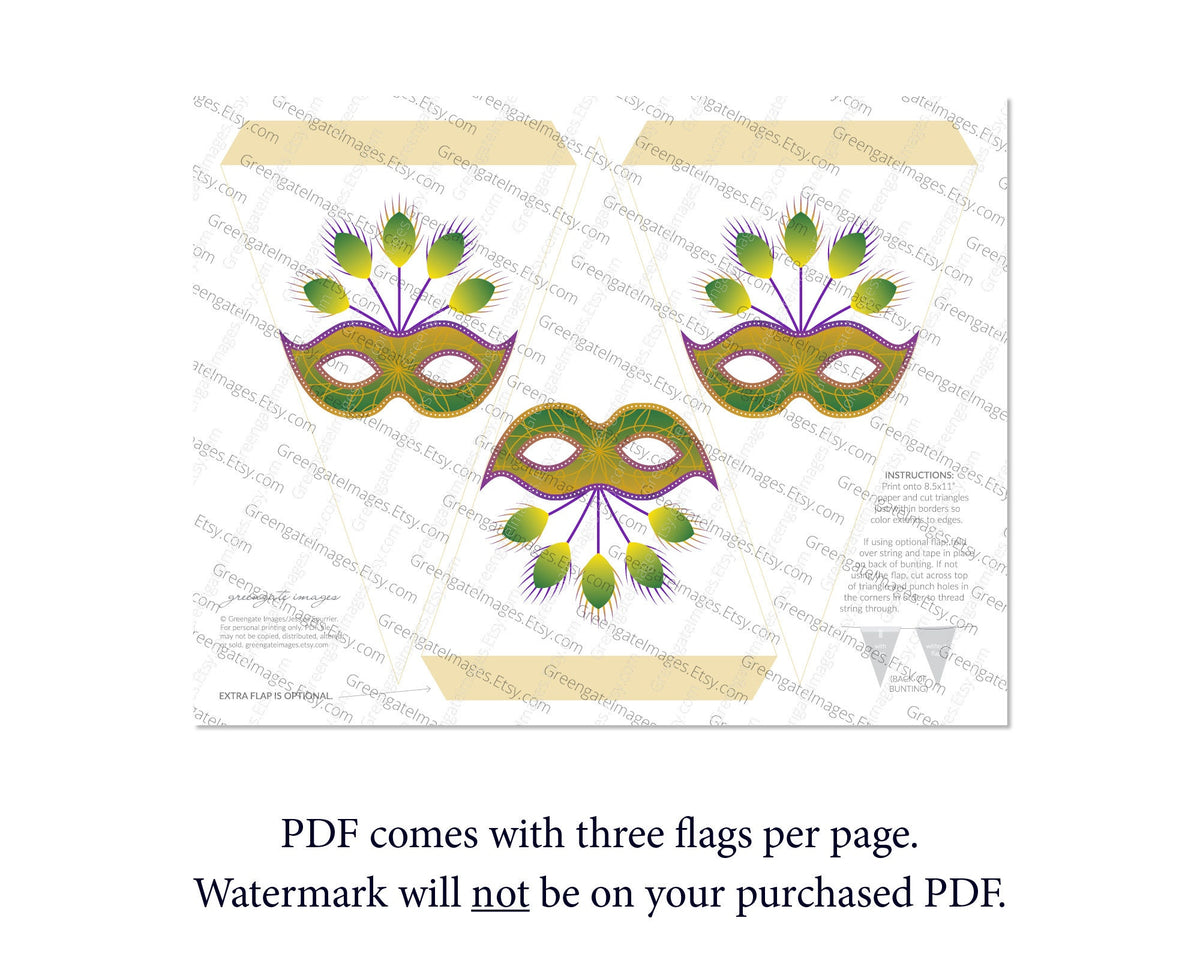 Mardi Gras Bunting - Green Masks on White – Greengate Images