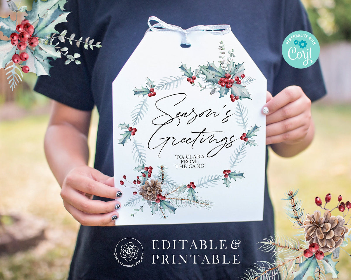 Giant XL Christmas Gift Tag - Season's Greetings Holly Wreath ...