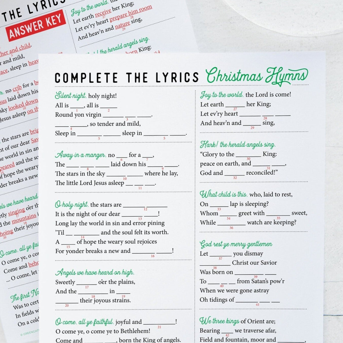Complete the Lyrics Christmas Hymn Activity – Greengate Images