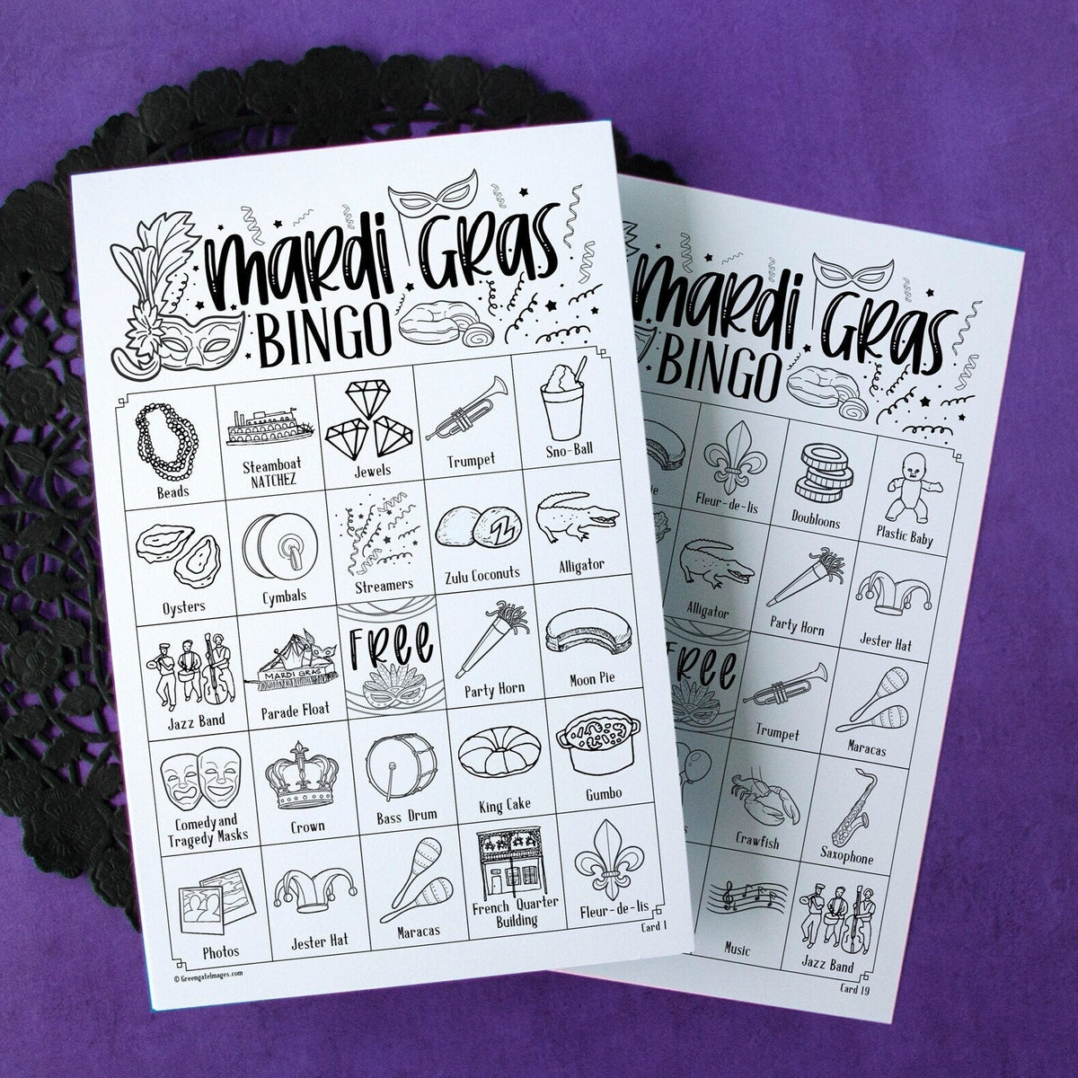 Black & White Mardi Gras Bingo Cards – Greengate Images
