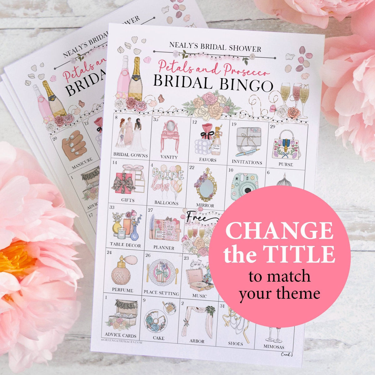 Petals & Prosecco/Champagne Bridal Shower Bingo Cards – Greengate Images